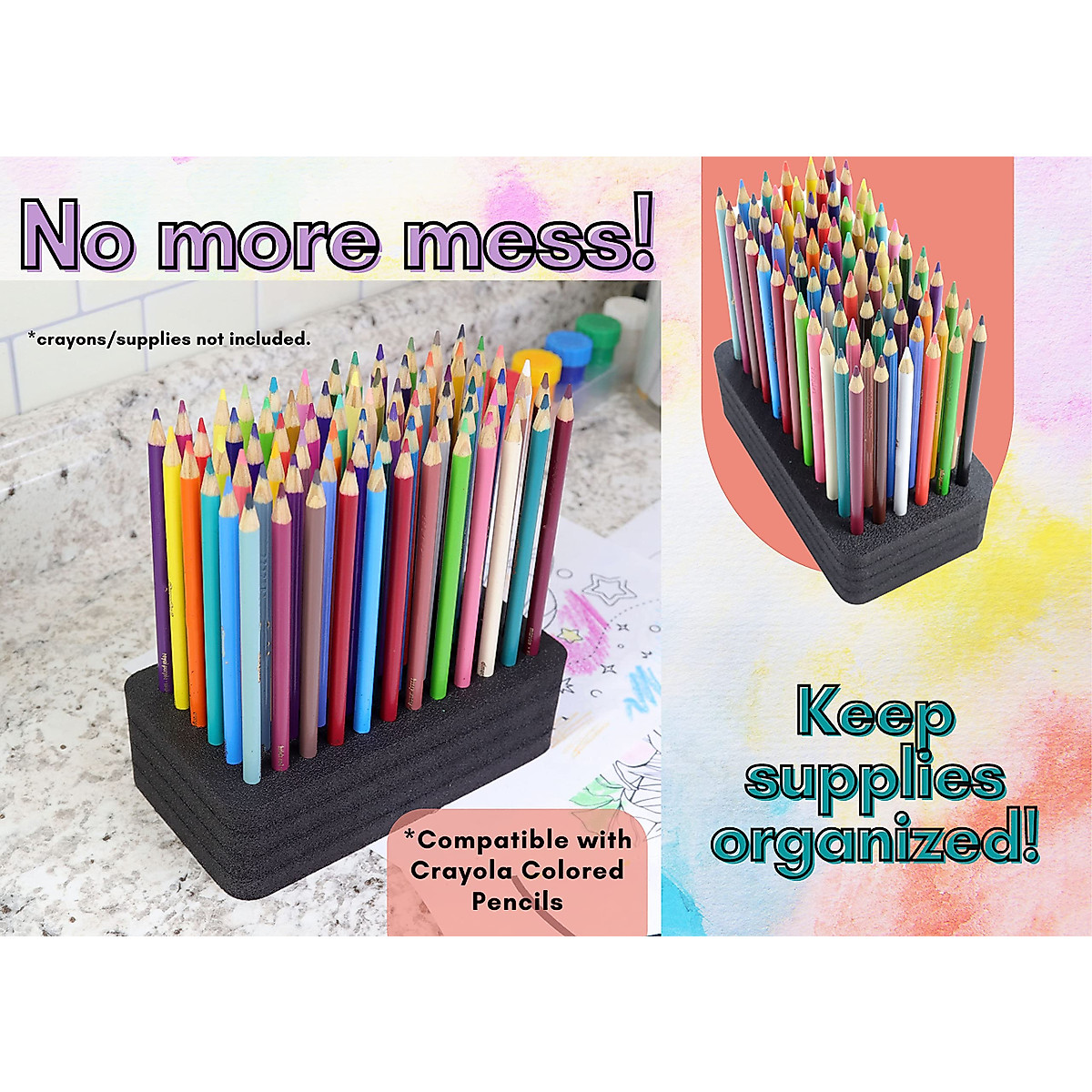Polar Whale Colored Pencil Desk Stand Organizer Compatible with Crayola and Others Design Storage Tray Supply Non-Scratch Non-Rattle Washable Durable Black Foam Holds 72
