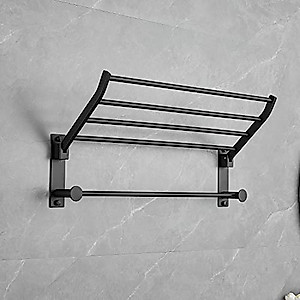 JunSun Foldable Towel Rack with Towel Bar 24-Inch Stainless Steel Multifunctional Bathroom Towel Shelf Towel Holder Modern Towel Hanger Bathroom Accessories Storage Shelf Wall Mounted Matte Black