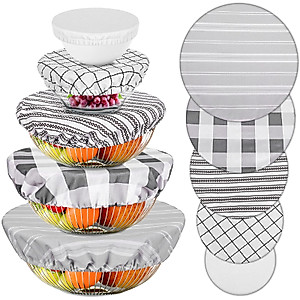 Whaline 10Pcs Bowl Covers Reusable In 5 Size Stretch Cloth Fabric Dish Cover Farmhouse Plaid Gray Ticking Stripe Lids for Food Fruits Leftover Storage