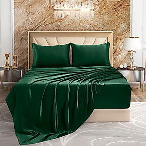 VACVELT 4pcs Extra Deep Pocket Satin Sheets Full Size Bed Set, Blackish Green Satin Sheet Set Fit 18-24 Inch Deep Pocket Mattress, Silky & Luxury Satin Bedding Set Soft & Ultra Deep Fitted Sheet Set
