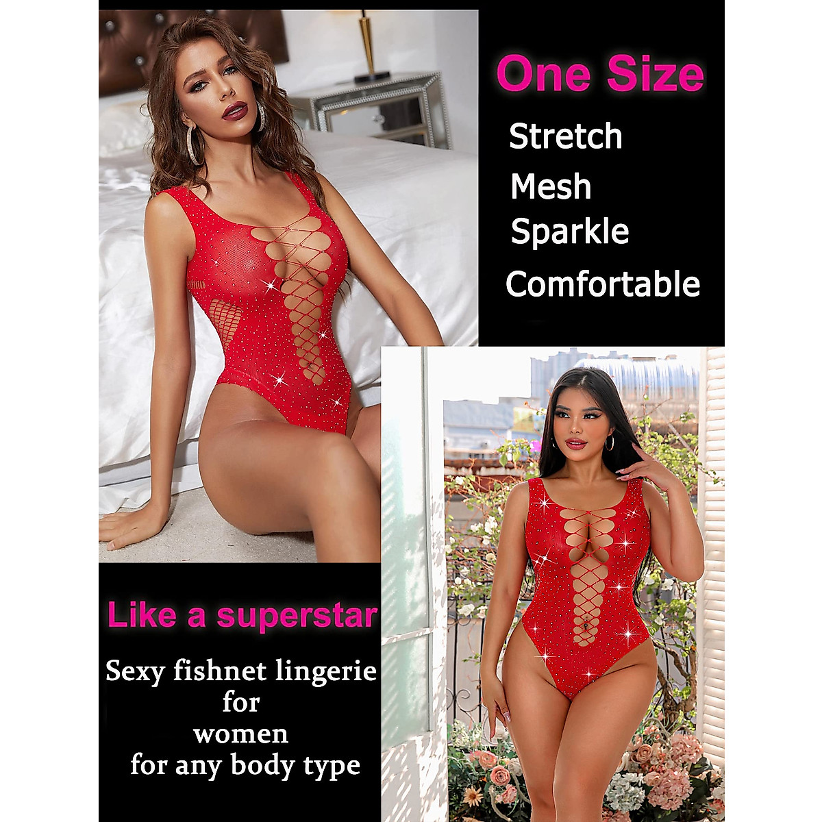 Avidlove Red Fishnet Bodysuit Rhinestone Body Suits Woman Mesh Lingerie Sexy Fishnets Lingerie Sparkle Bodysuit Teddy Lingerie