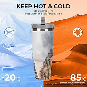BWQJKUO Large Capacity Car Cup 30 Oz Stainless Steel Watercolor Paris Printed Travel Mug Leak-proof Flip Straw Tumbler with Handle,keeps Cold Or Ho