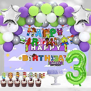 Crenics 3rd Birthday Decorations for Girls or Boys - 3rd Birthday Backdrop, Banner, Balloon Arch Kit, Number 3 Balloon with Cake Toppers for Toy Inspired Story Theme 3 Birthday Party Supplies