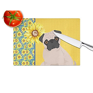 Caroline's Treasures WDK5472LCB Summer Sunflowers Fawn Pug Glass Cutting Board Large Decorative Tempered Glass Kitchen Cutting and Serving Board Large Size Chopping Board