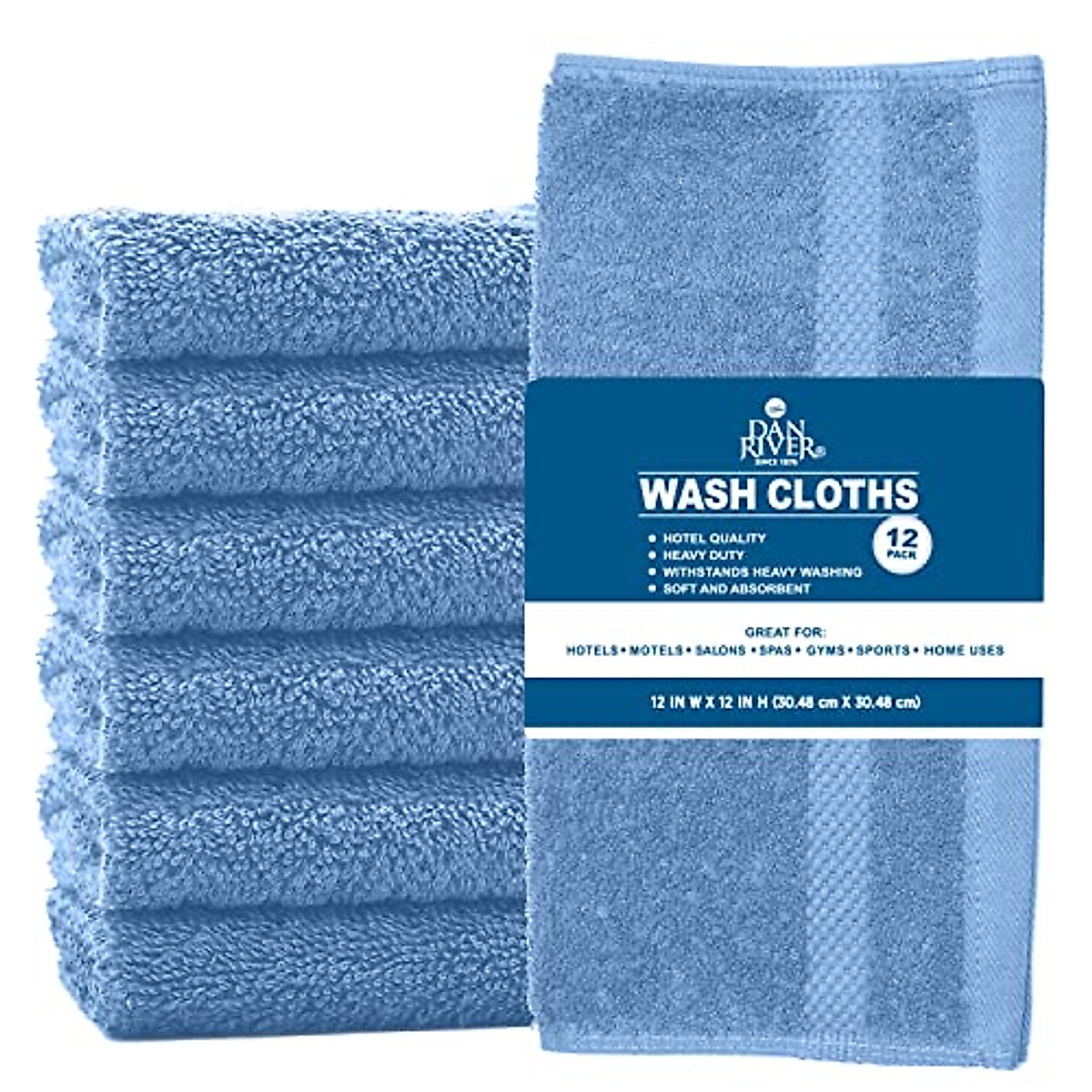 DAN RIVER 100% Cotton Face Towels 12 Pack - Premium Quality Washcloths Soft and Highly Absorbent Towels for Bathroom, Spa, Gym - Quick Dry Essential for Body and Daily Use 12x12 in, 600 GSM – M Blue