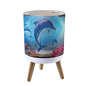 IBPNKFAZ89 Small Trash Can with Lid Pod of Lovable Dolphins Chasing one Another in Colorful Tropical Ocean Garbage Bin Wood Waste Bin Press Cover Round Wastebasket for Bathroom Bedroom Office Kitchen