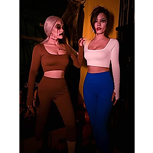 OQQ Women's 2 Piece Crop Top Ribbed Seamless Workout Exercise Long Sleeve Crop Tops Black Beige