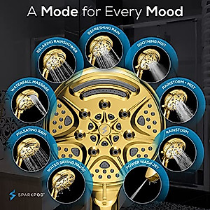 SparkPod 5 Inch 9 Spray Setting Shower Head - Handheld High Pressure Jet with On/Off Switch, Pause and Waterfall Setting- Premium ABS Removable Handheld Shower Head with Hose (Gold)