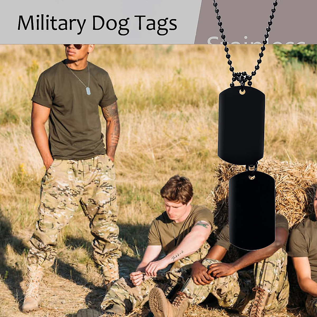 VNOX Military US Army Dog Tag Necklace Mens Black Stainless Steel Double Dog Tag Dangling Pendant Necklace,Bead Chain Necklace 24",Veterans Day Gifts for Men