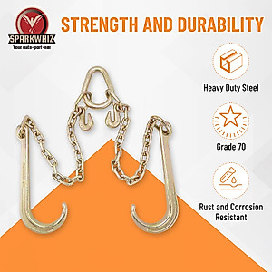 SPARKWHIZ G70 J Hook Tow Chain V Bridle with 15" J Hooks, 5/16'' Grab Hooks, 2ft Legs, Flatbed Truck Safety Chains 5,400 lbs