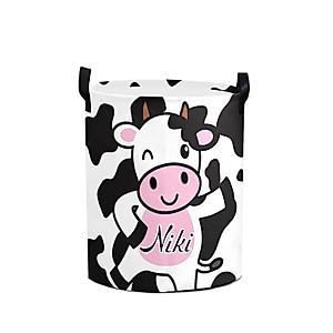 Black Lovely Cow Print Laundry Hamper Personalized with Name Canvas Waterproof Storage Bin with Handle for Kids Nursery Hamper Gift Baskets Home Organizer
