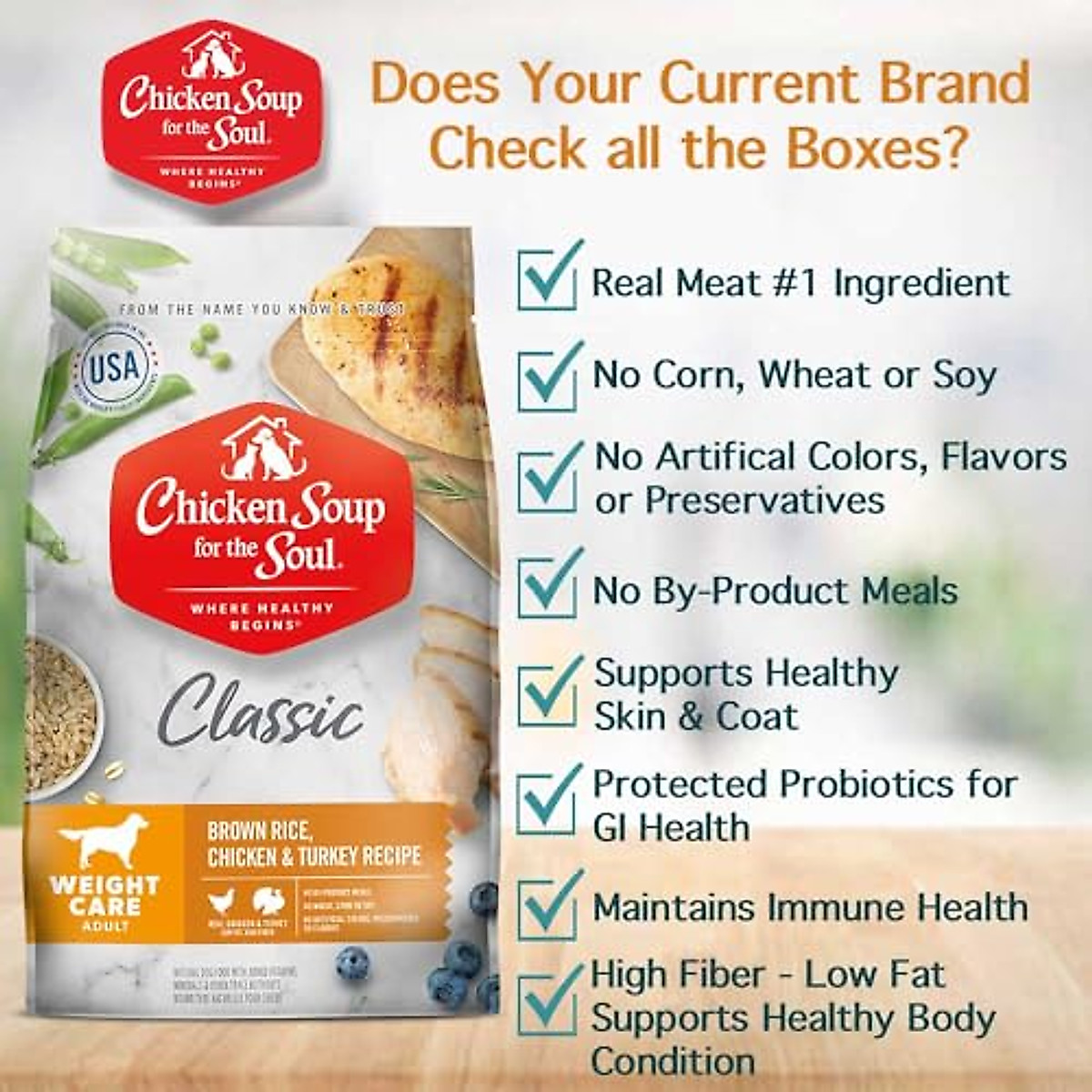 Chicken Soup for The Soul Classic Dry Adult Weight Care Dog Food, Brown Rice, Chicken & Turkey Recipe, 4.5 Pound Bag | Soy, Corn & Wheat Free, Low Calorie Dog Food Made with Real Ingredients
