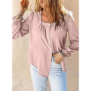 Dokotoo Womens Ladies Elegant Bell Long Sleeve Summer Fall Tops Square Neck Button Down Chiffon Office Work Shirts and Blouses for Women Fashion 2023 Casual Loose Shirts Pink Medium