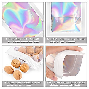 JTIEO 50Pcs Resealable Bags for Food Storage 4x6Inch Holographic Bags with Clear Window Foil Pouch Packaging Bag Self Sealing Bag for Party Favors, Lipgloss, Jewelry, Candy White