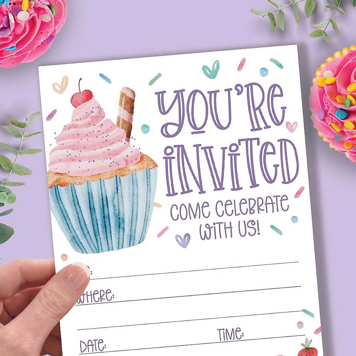 Cupcake Birthday Party Invitations (20 Count With Envelopes) - Watercolor Cupcakes And Sprinkles Birthday Invites