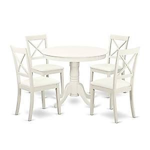 East West Furniture Antique 5 Piece Kitchen Set for 4 Includes a Round Table with Pedestal and 4 Faux Leather Dining Room Chairs, 36x36 Inch, Linen White