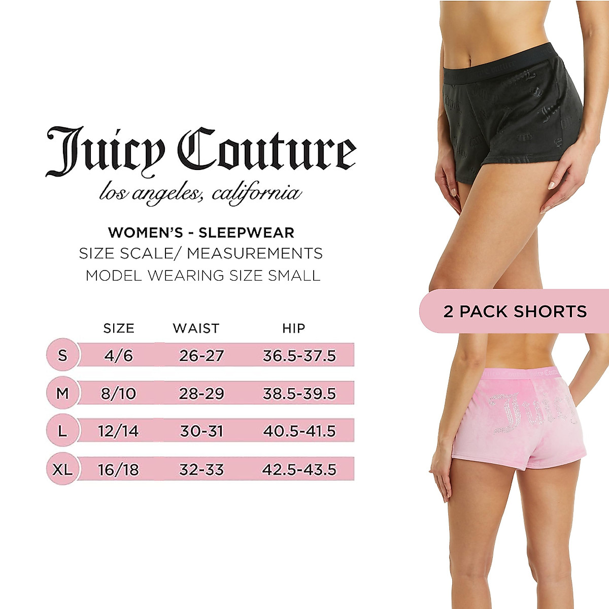 Juicy Couture Velvet Fleece Shorts 2 Piece Designer Pajama Set for Women, 2-Pack Sleep and Lounge Shorts (US, Alpha, Large, Regular, Regular, Stellar Pink/Black Crown Embossed)