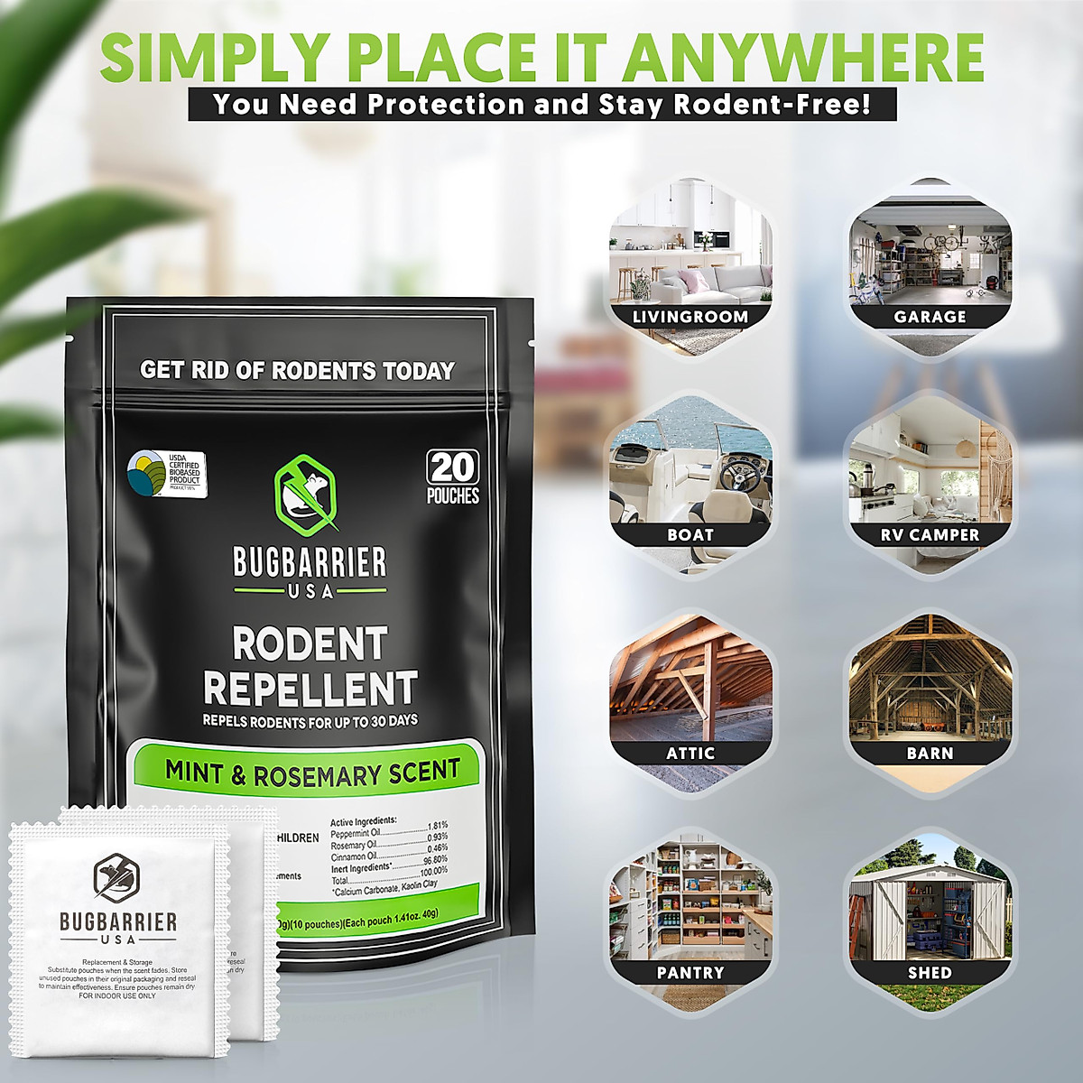 BugBarrier's Extra-Strength Mouse Repellent Pouches, USDA 99% Biobased, Peppermint & Rosemary Oils Repel Mice Nesting & Freshen Air in Car, RV, Boat, Garage, Shed, Cabin Made in The USA (Pack of 20)