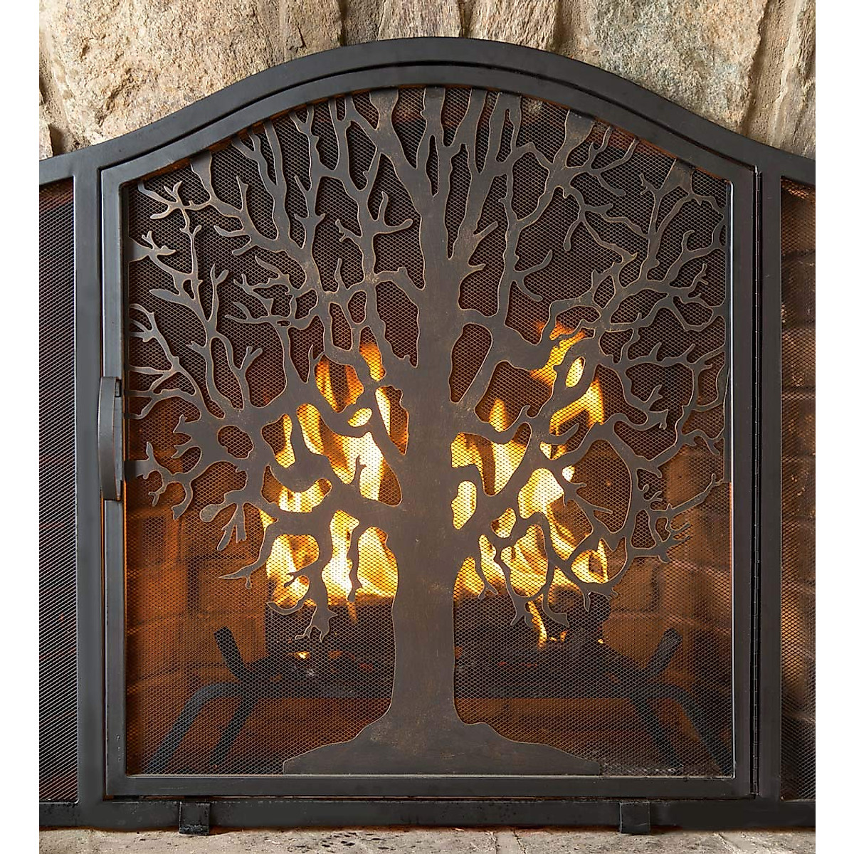 Plow & Hearth Metal Fireplace Screen Tree of Life Black | 44" W x 33" H | Flatguard | Spark Guard Grate | Iron Fire Place Cover | Wood Stove Accessories