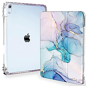iPad Air 5th Generation case, Feams Slim Trifold iPad Air 5th/4th Generation 10.9 Inch 2022/2020 Case Clear Back Cover with Auto Sleep/Wake & Pencil Holder for iPad Air 5/4, Watercolor Marble