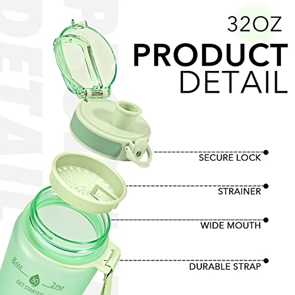 Alwager 32oz Motivational Water Bottles with Time Marker & Fruit Strainer, Single Color Water Bottle with Times to Drink, Leakproof & BPA Free, Reusable Plastic Bottle with Strap (No Straw)