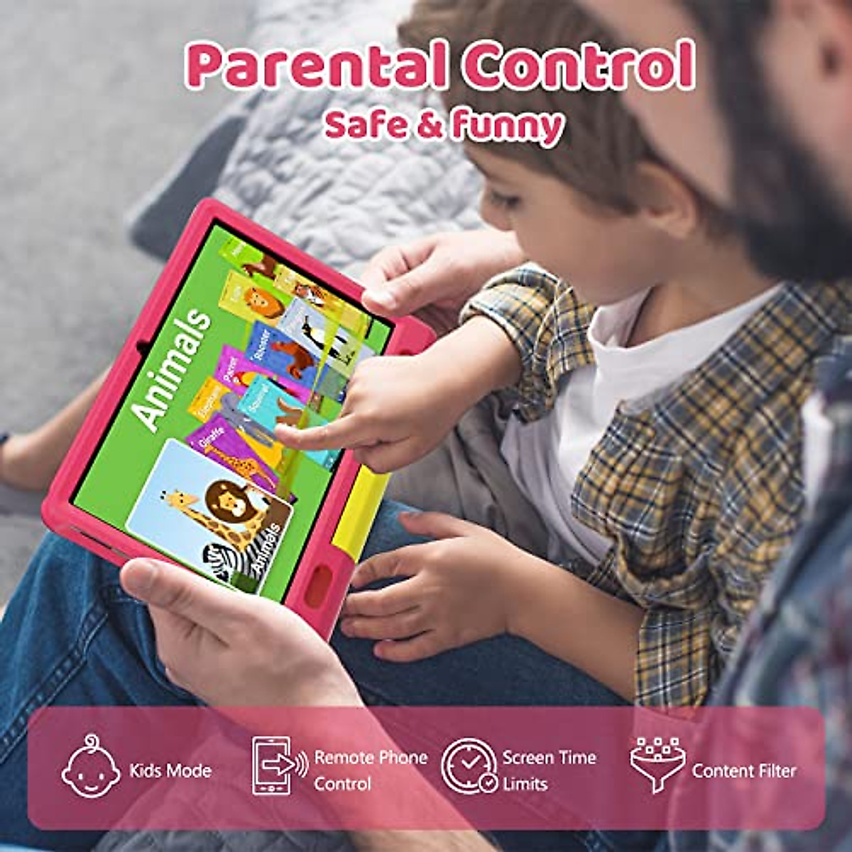 Mouikei Kids Tablet 10 inch Tablet for Kids, 2GB+32GB Android 12 Kids Tablet with Case, Parental Control APP, Dual Camera, Educational Games, Kidoz Pre-Installed Children Tablet (Pink)