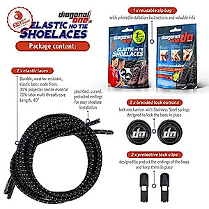 DIAGONAL ONE 2 Pairs Elastic Shoe Laces, No Tie Shoelaces Adults, No Tie Shoe Laces for Kids, Lock Laces, Shoe Laces for Sneakers No Tie (Black)