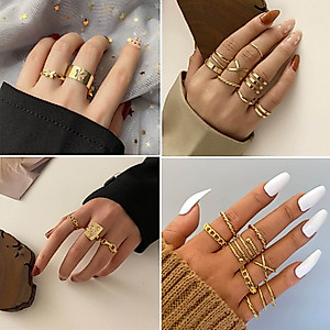 17KM 60Pcs Gold Crystal Vintage Ring Sets for Women, Boho Knuckle Stackable Midi Rings Pack, Aesthetic Grunge Finger Rings Sets for Jewelry