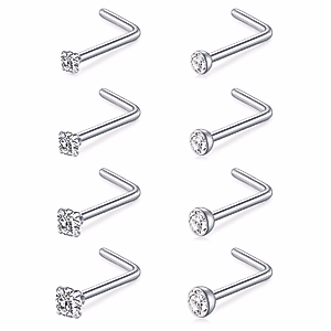 MODRSA Nose Studs for Women Men Silver Nose Ring Studs 18 gauge L Shaped Nose Screw Stainless Steel Diamond Nostril Piercing Stud