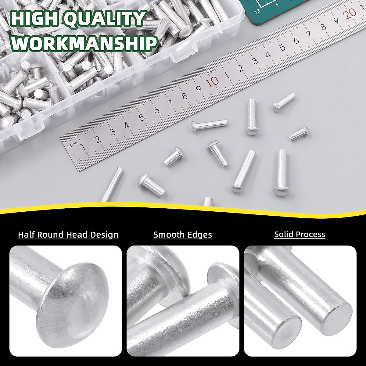 Keadic 300Pcs 12 Sizes Solid Aluminum Brazier Head Rivets Assortment Set, M4 M5 M6 10mm 14mm 20mm 25mm Length Aluminum Rivets Fastener for Household Machinery Automobile Industry
