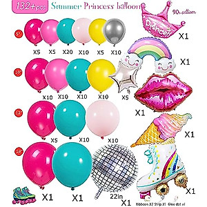 Kozee Pink Teal Balloon Garland Arch Kit with Hot Pink Silver Disco roller skate Balloon for princess theme Birthday Party Girl Summer by Beach Pool party decorations