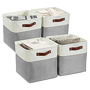 DECOMOMO Cube Storage Organizer Bins 11 inch Cube Storage Bin 4 Pack Cubby Storage Bins Storage Baskets for Organizing Shelf Closet Nursery Toys Cloth Bathroom (Grey&White)