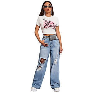 SweatyRocks Women's Casual Loose Ripped Denim Pants Distressed Wide Leg Jeans Light Blue L