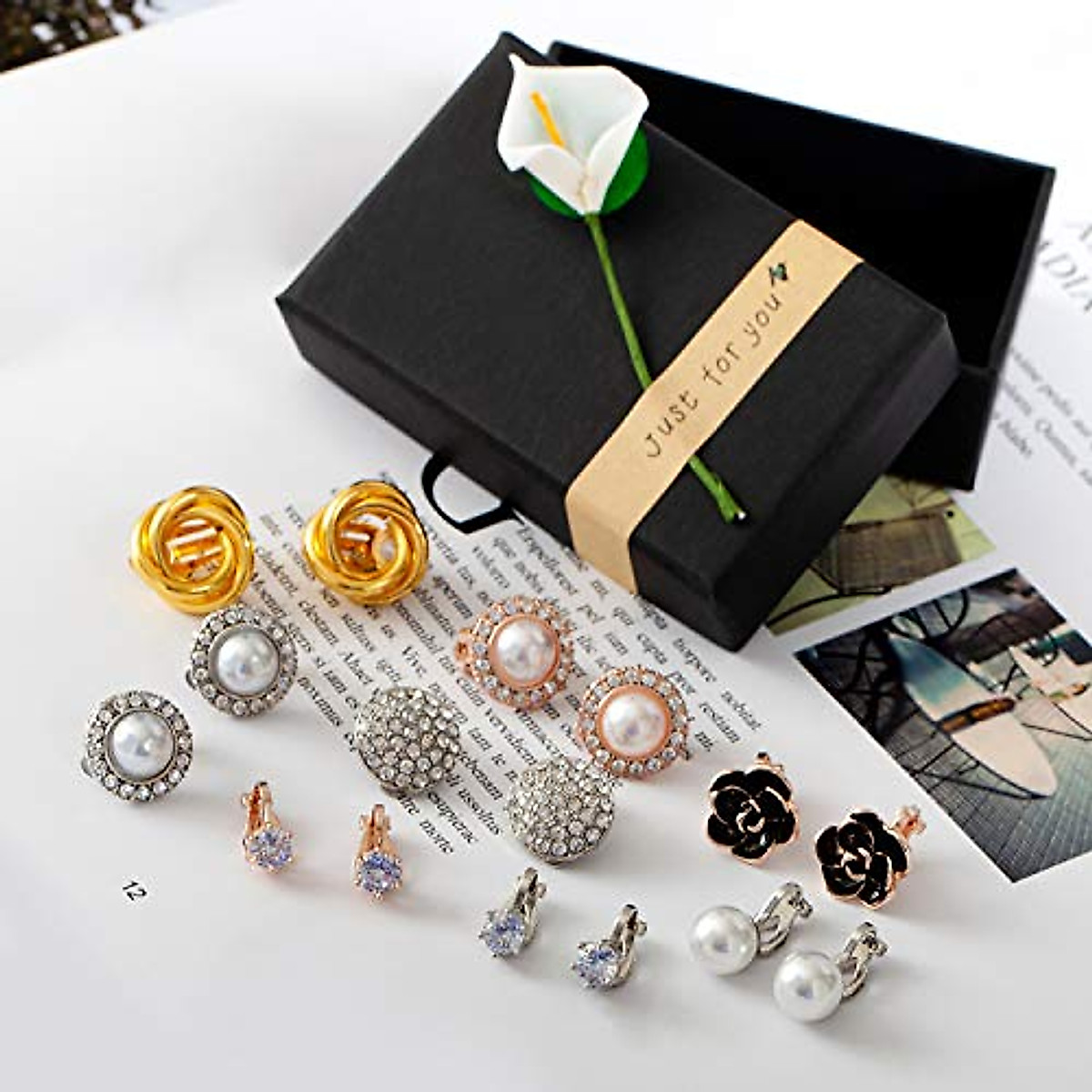 Wremily 8 Pairs Clip Earrings Set for Women Rose Flower CZ Simulated Pearl Gold Knot Clip Earrings with Rubber Pads Non Pierced Hypoallergenic Clip on Earrings Jewelry