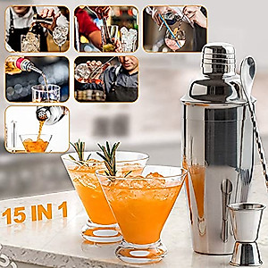 14 Pcs Cocktail Shaker Set Bar Set - Gifts for Dad, 25oz Stainless Steel Cocktail Shaker Set Bar Tools Bartender Kit, Reward Stylish Bamboo Stand & Recipes Booklet, Best Bartender Kit for Beginners