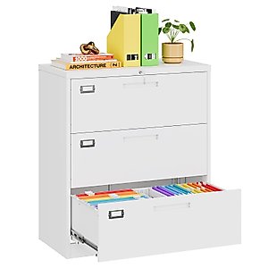 MIIIKO Lateral File Cabinet 3 Drawer, White Metal Filing Cabinet with Lock Lock for Home Office, Large Storage File Organizer for Hanging File Folders,Easy Assemble