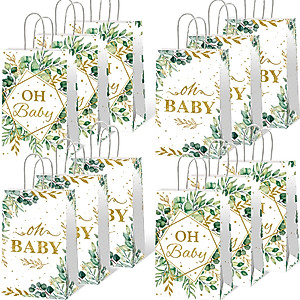 ZOIIWA 12pcs Oh Baby Party Favors Bags Sage Green Candy Bags Eucalyptus Leaf Treat Bags Gold Foil Greenery Goodie Bags for Sage Boho Woodland Neutral Baby Shower Party Decorations Supplies