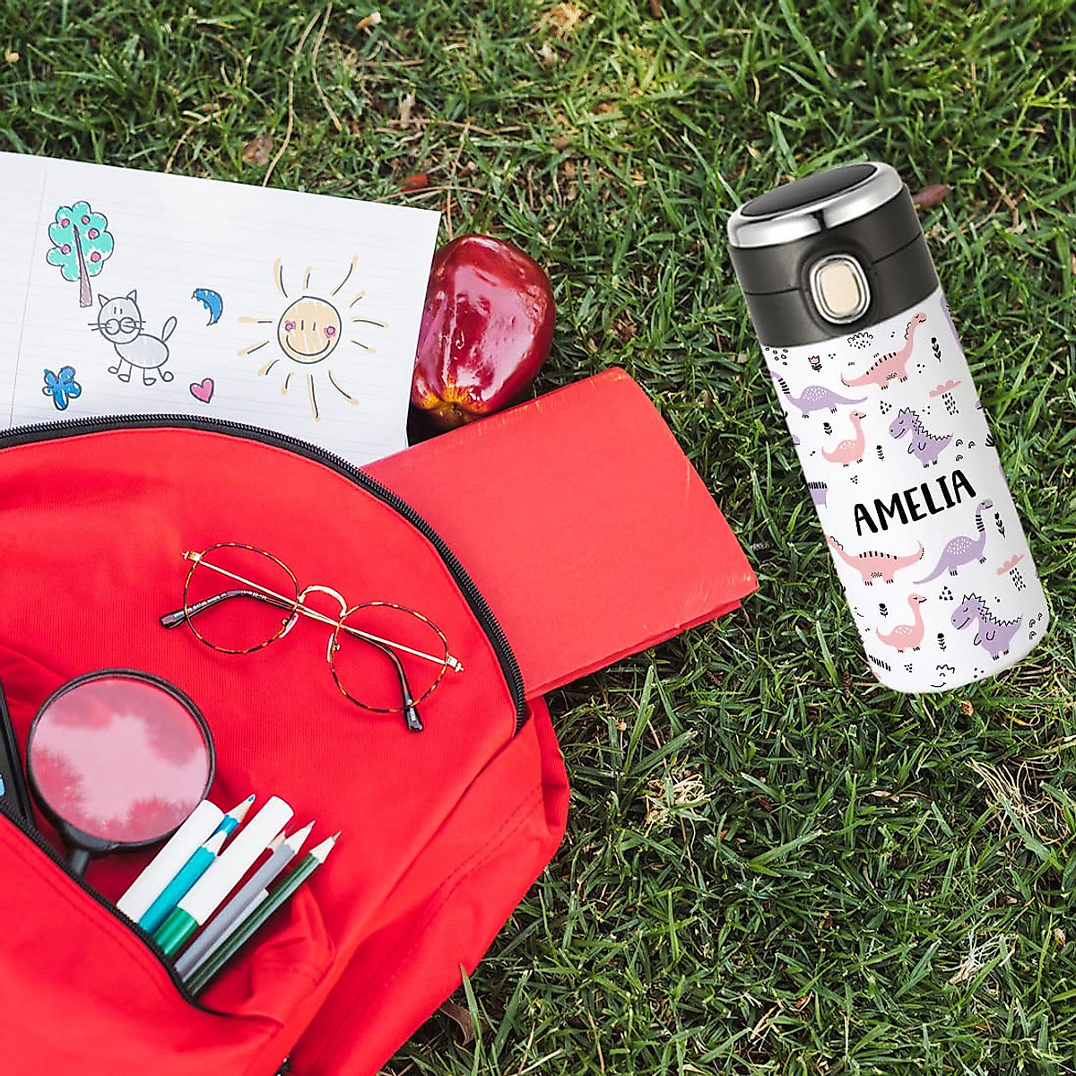 Andaz Press Personalized Kids Tumbler Dinosaur Kids Stainless Steel Water Bottle with Leakproof Flip Lid- 10oz BPA-Free Tumbler For Boys, Girls, Students, Birthday Party Favors Gifts, 1-Pack