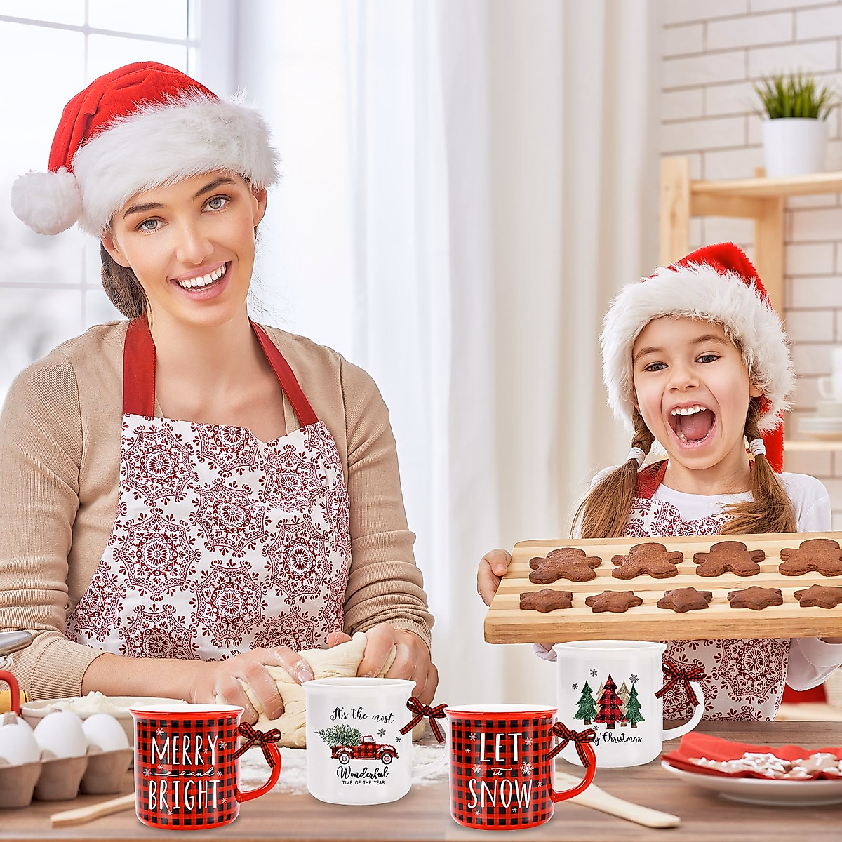 Whaline 4Pcs Christmas Mini Mugs with Plaid Ribbon Red Black Plaid Xmas Tree Truck Snowflake Mini Coffee Mug Merry Christmas Party Cups for Table Centerpieces Tiered Tray Decor Gifts