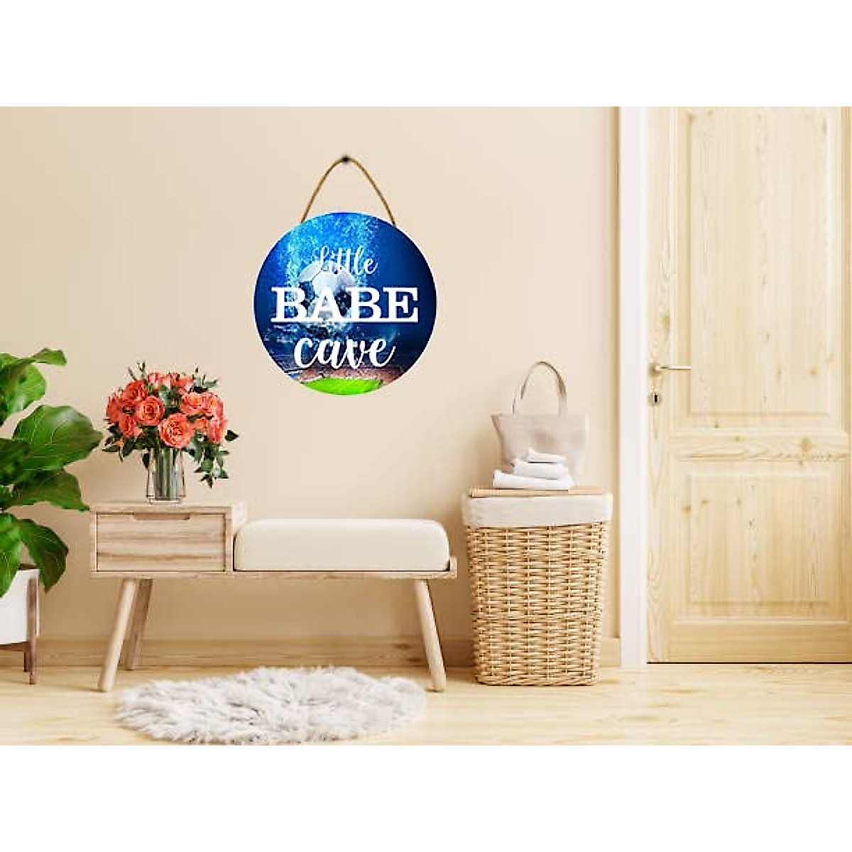 KPSheng Little Babe Cave Wooden Sign,Soccer Door Decor Plaque, Door Hanger Nursery Decoration for Boys, Wood Wall Hanging Wreath for Toddler Kids Room Bedroom Playroom, 11 x 11 Inch