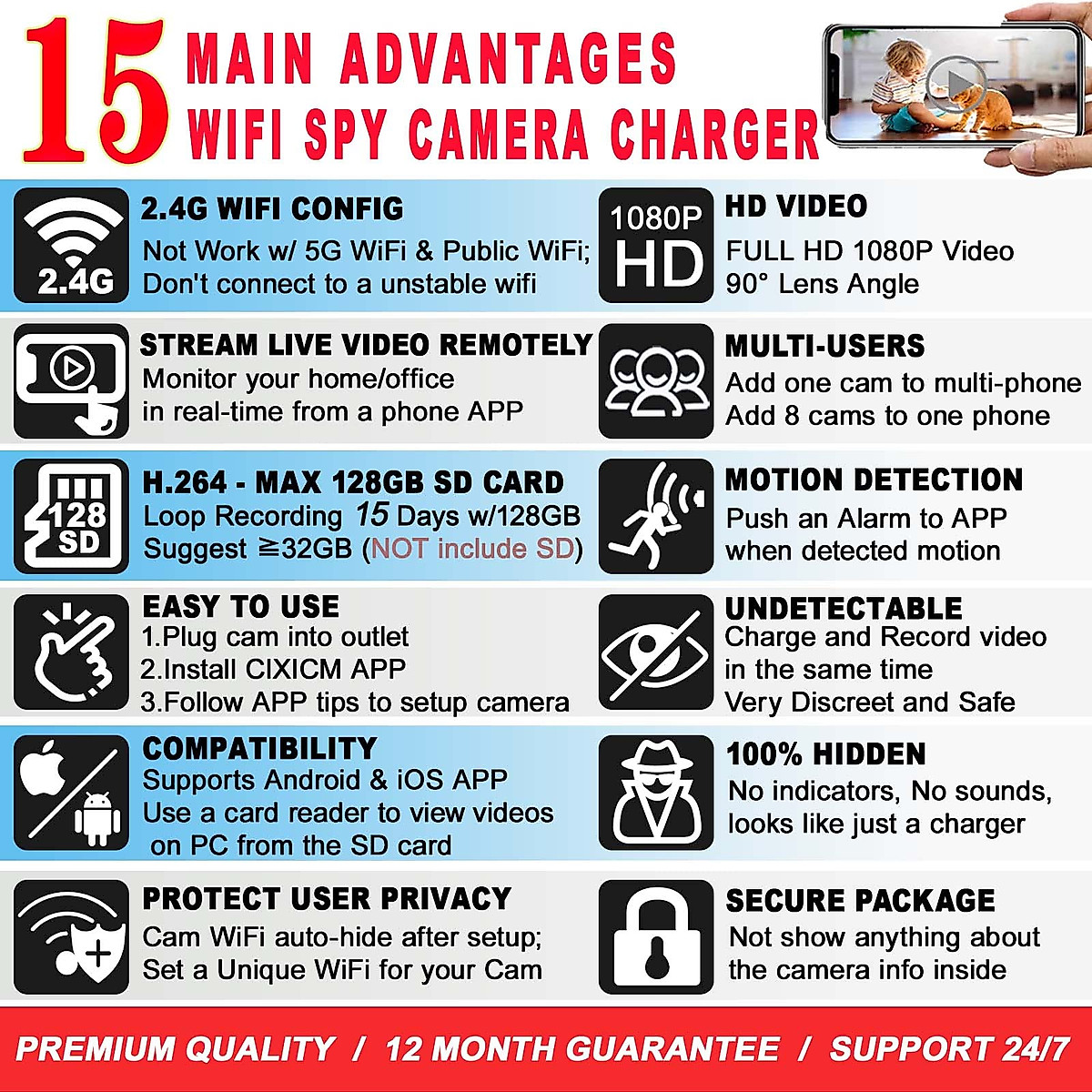 Spy Camera Hidden Camera - WiFi Hidden Camera Charger with Remote View- HD 1080P - Spy Cam - Nanny Cam Hidden Camera - Small Secret Camera - Premium Indoor Hidden Security Camera- Motion Detection