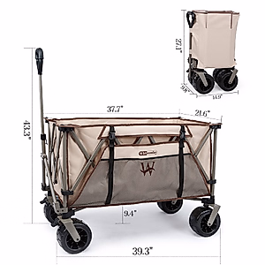 Whitsunday Heavy Duty Collapsible Wagon Cart, 380lb Load-Bearing Utility Wagon Cart with Big All Terrain Wheels, Folding Outdoor Wagon with Side Pocket for Beach, Camping, Outdoor Beige