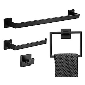 4-Piece Bathroom Hardware Accessories Set, Towel Bar Sets Include Towel Bar Towel Holder Toilet Paper Holder Towel Hook,16 inch Bath Accessories Kit，Matte Black