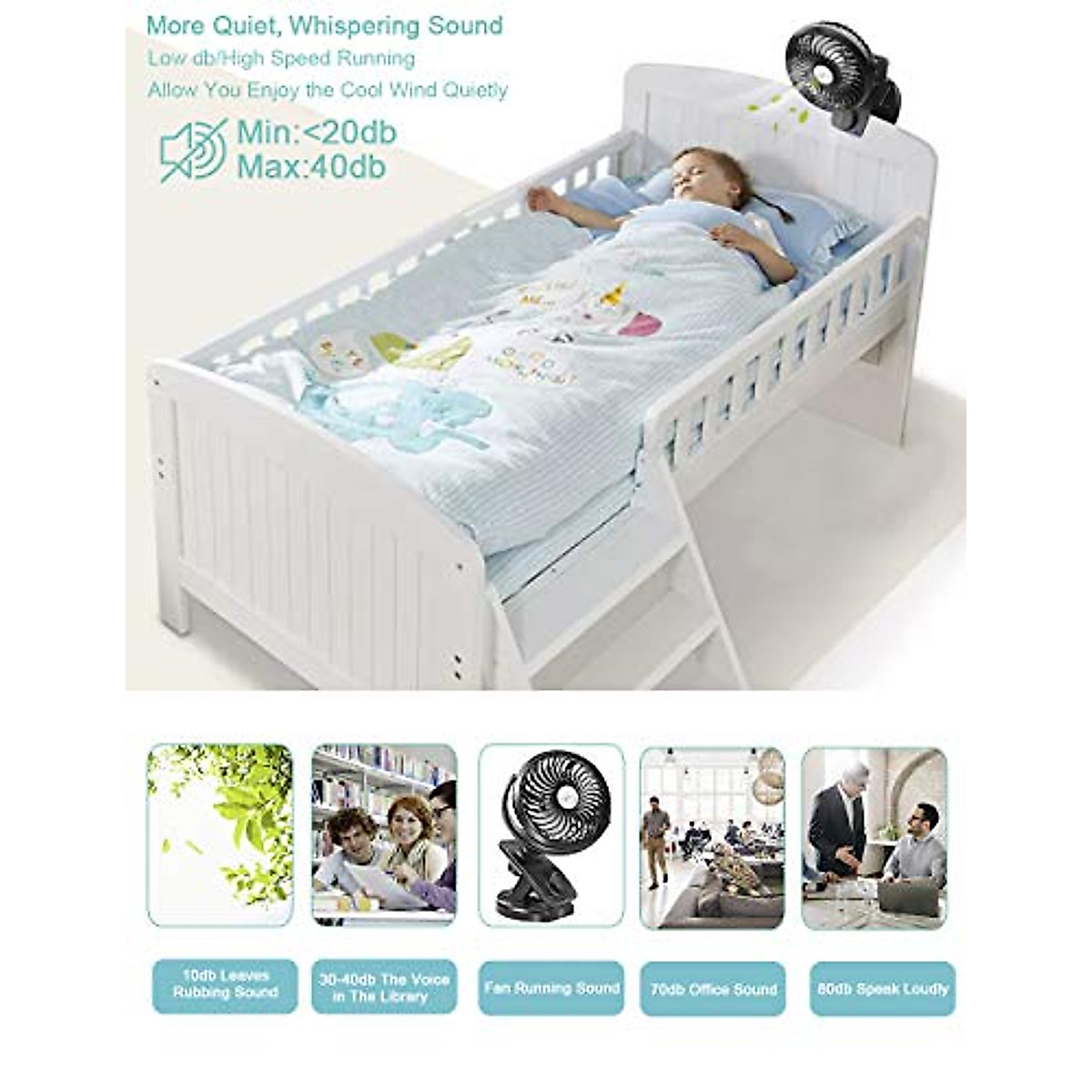 YXwin Stroller Fans Mini USB Desk Clip on Fan, Table Fan 40 Hours(Max) 360° Rotation 5000mAH Rechargeable Battery Operated 4 Speed Quiet Fan for Outdoor/Indoor Baby Car Travel Office Camping Library