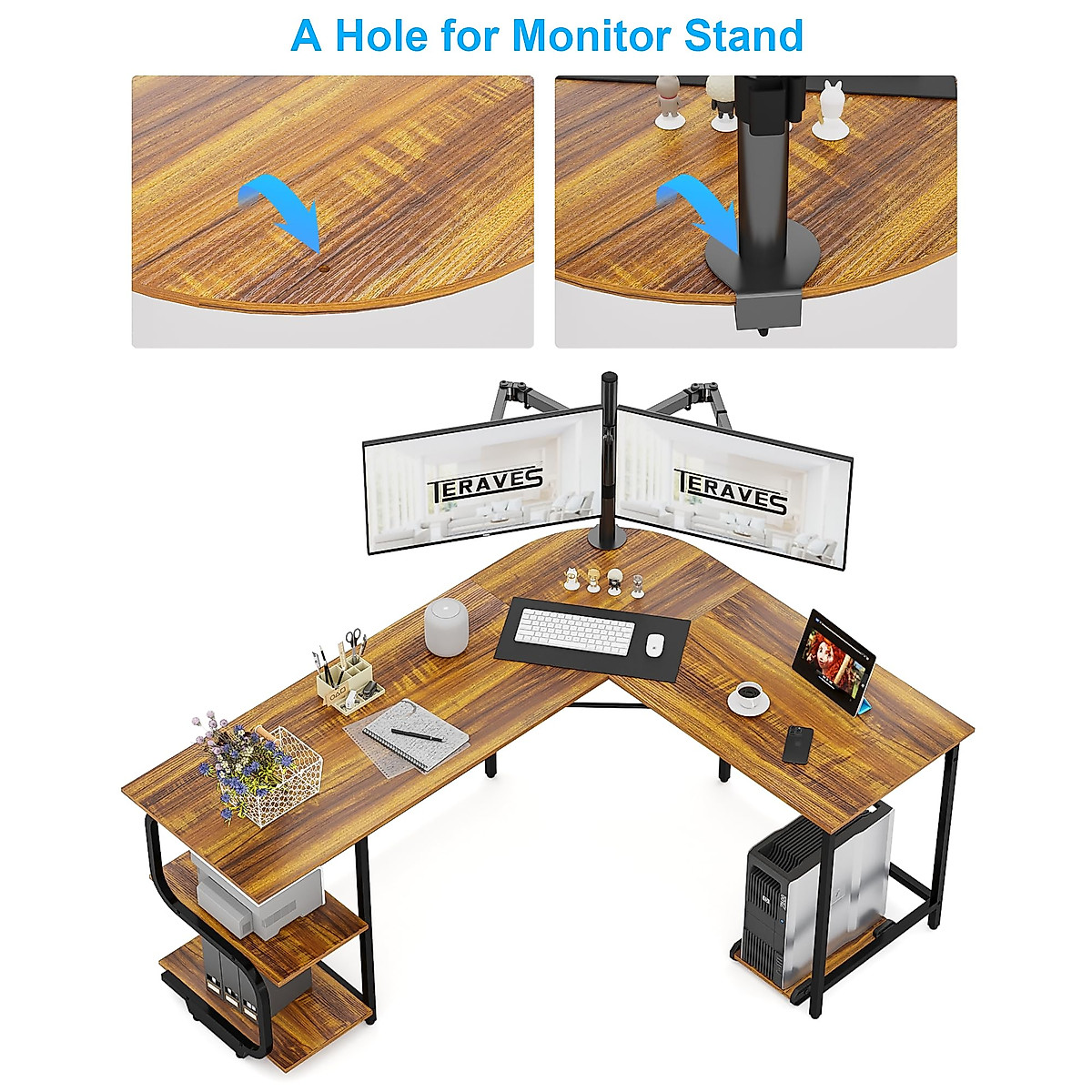 Teraves Reversible L Shaped Desk with Large Surface, 61 Inch Sturdy Corner Desk with Storage Shelves, Premium Office Computer Desk Workstation for Home Office Gaming