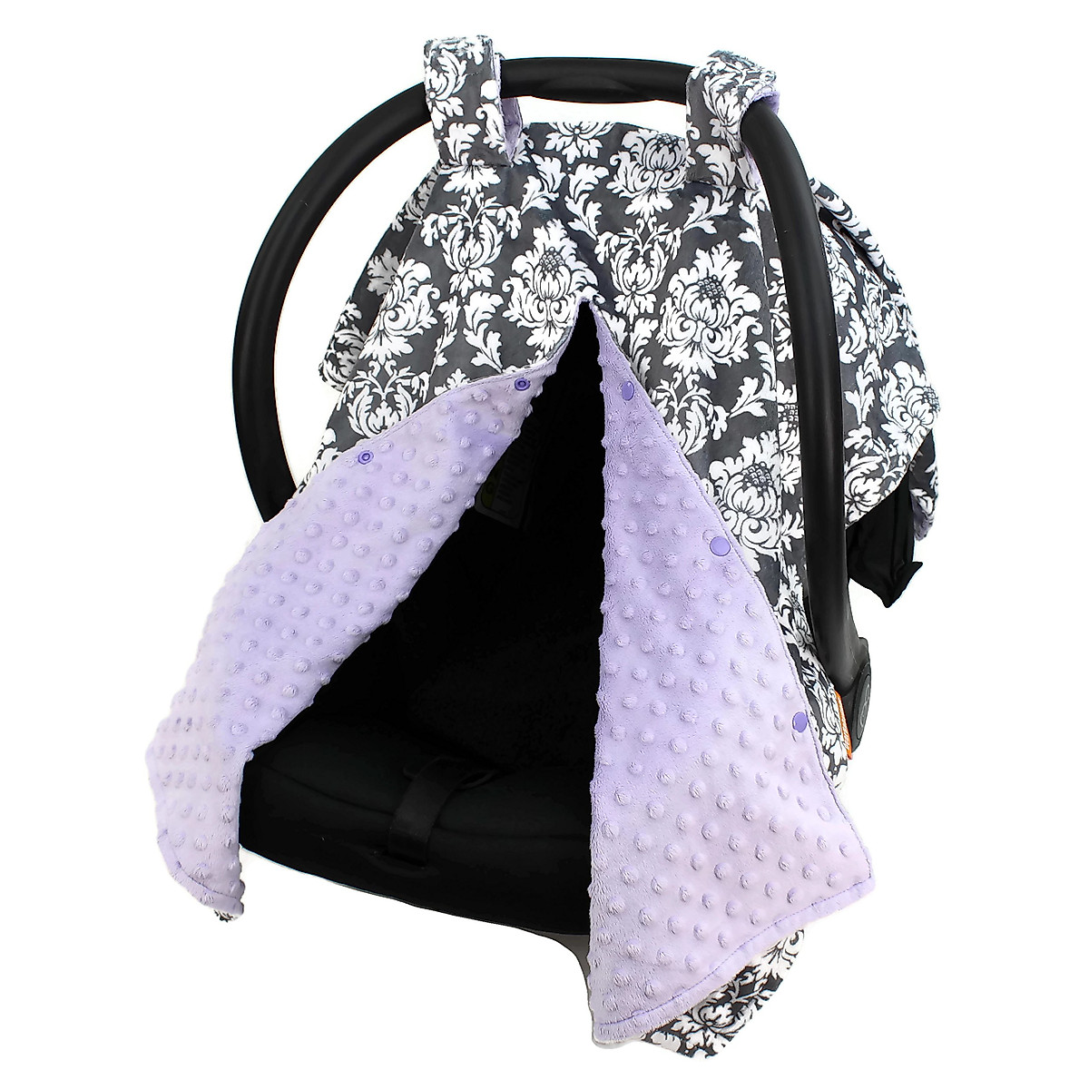 Dear Baby Gear Deluxe Car Seat Canopy, Custom Minky Print Grey and White, Lavender Minky Dot