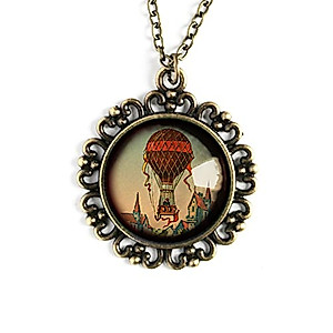 Red Hot Air Balloon Steampunk Ornate Pendant Necklace With 18" Nicke-Free Brass Chain