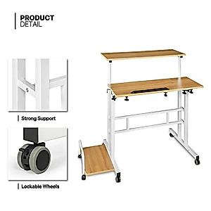 MoNiBloom Mobile Standing Laptop Desk Rolling Laptop Workstation on Wheels Adjustable Height Computer Desk for Home Office Laptop Workstation with Side Storage, White
