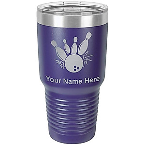 LaserGram 30oz Vacuum Insulated Tumbler Mug, Bowling Ball and Pins, Personalized Engraving Included (Dark Purple)