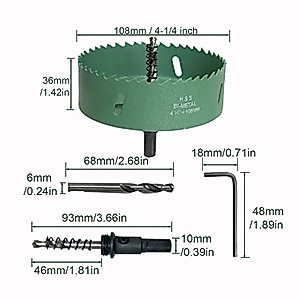 4-1/4 Inch Hole Saw, HSS Bi-Metal Hole Saw Kit, Cutting Dia 108mm Hole Saw Set, 36mm Cut Depth, 3 Drills Replacements Hole Saw Kit for Wood, Plasterboard, PVC, Drywall, MDF